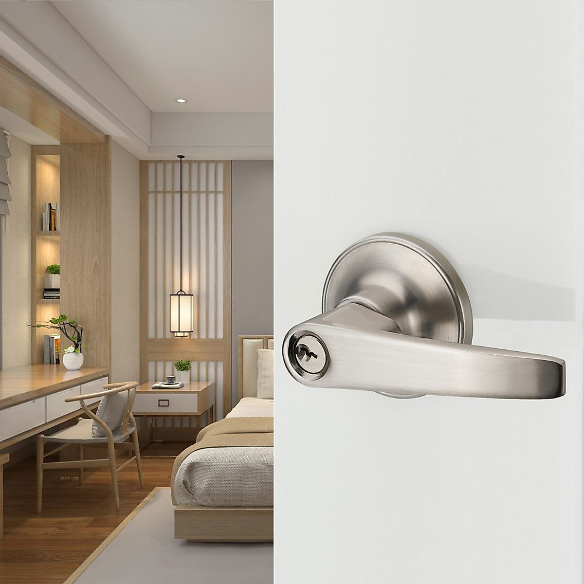 1 Pack of MANREN Lever Keyed Entry Door Lever Handle Lock, Universal Door Knob Hardware,Nickel Brushed Color (MR802ET)