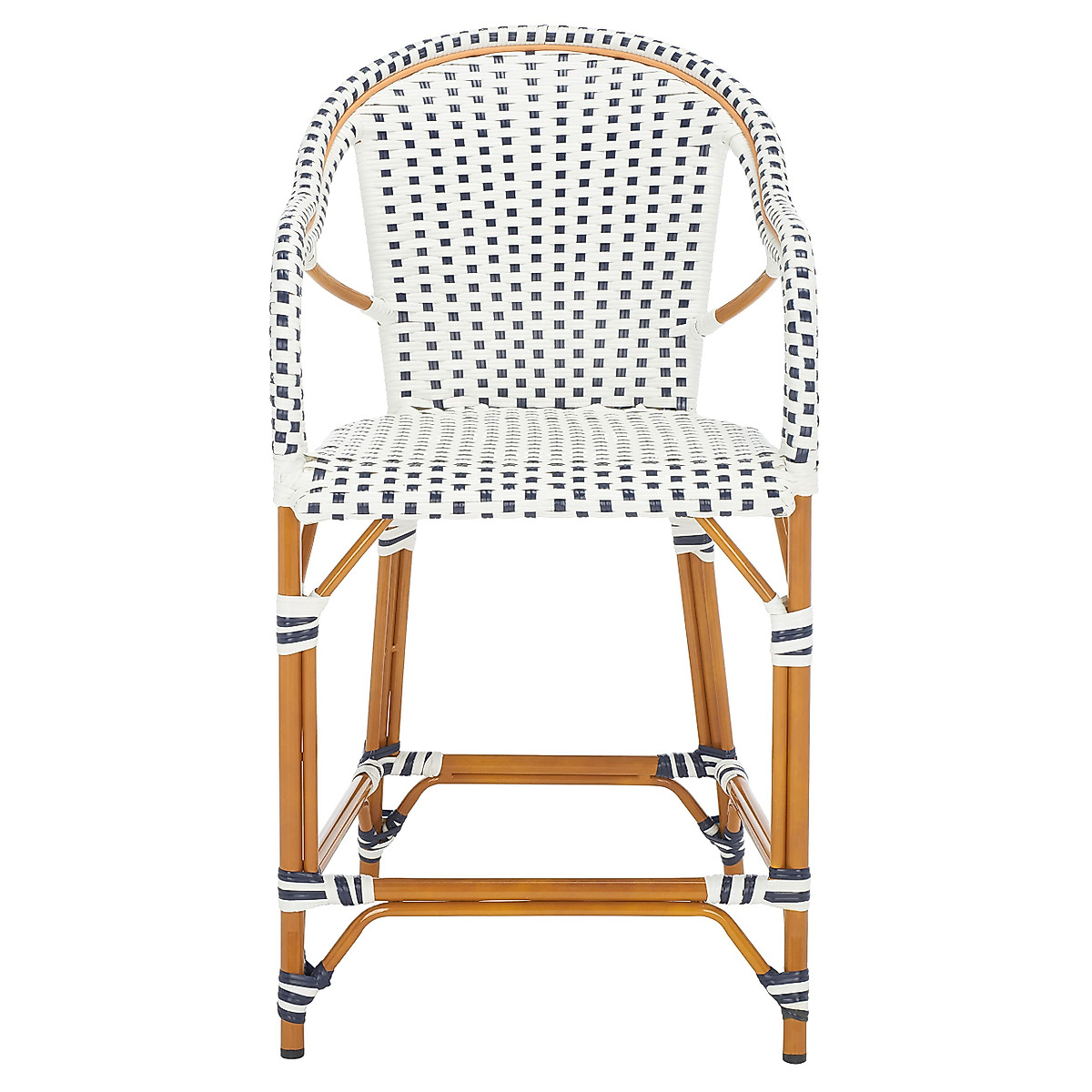 SAFAVIEH Outdoor Collection California White/Navy Bistro Woven Counter Stool with Arms (Fully Assembled)