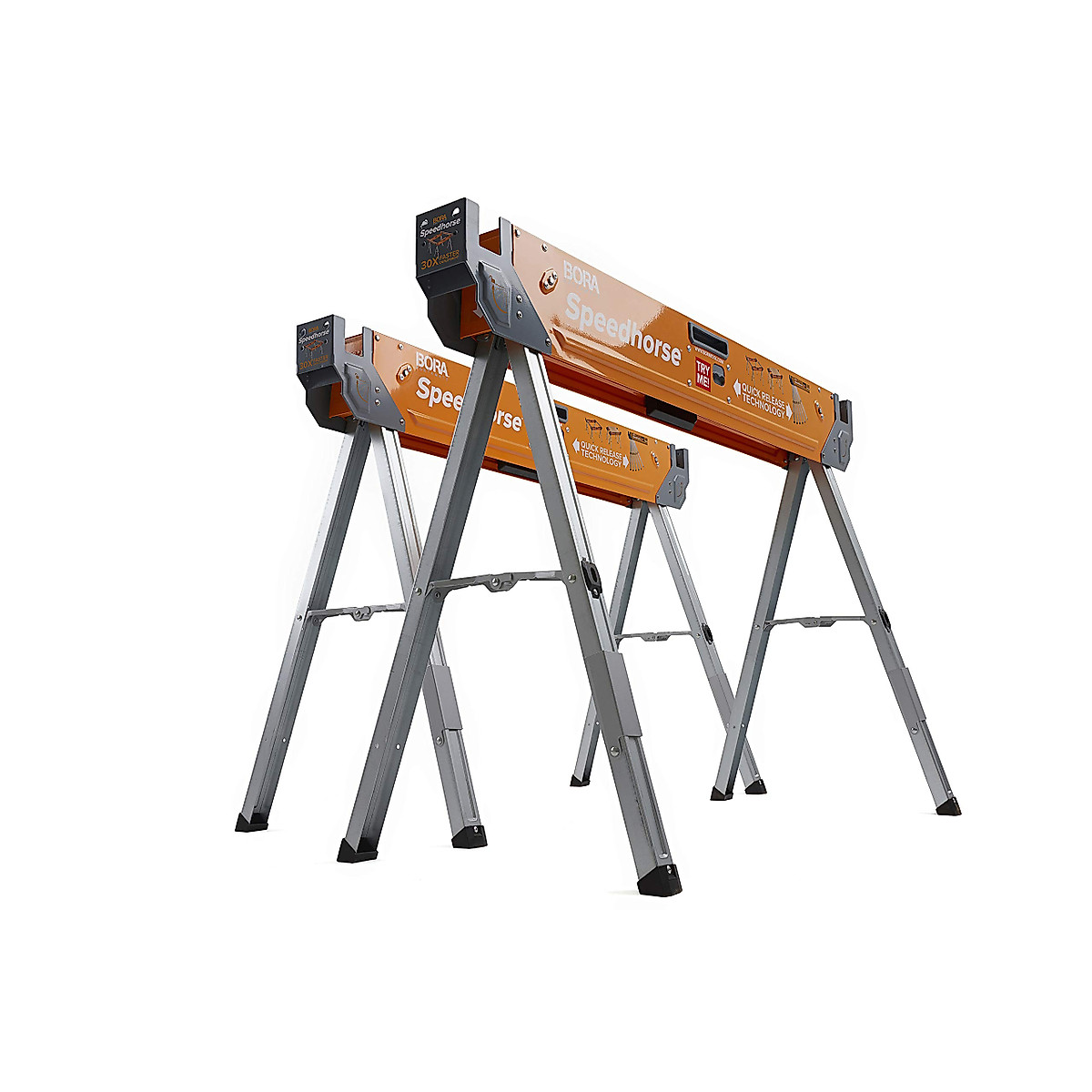 Bora Portamate Speedhorse Sawhorse Pair (PM-4500T, Orange) and Bora Wood Organizer and Lumber Storage Metal Rack (PBR-001)