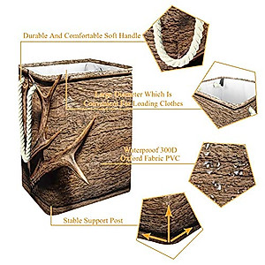 Laundry Basket Deer Antlers Rustic Wooden Foldable Laundry Hamper with Handles Detachable Brackets Well-Holding Waterproof for Clothes Toys Organization in Laundry Room Bedroom Bathroom