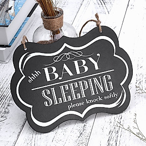 WINOMO Baby Sleeping Sign for Door "shhh BABY SLEEPING please knock softly" Funny Wooden shhh Baby Sleeping Sign for Front Door Bedroom Door