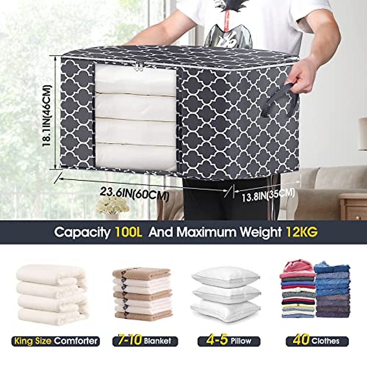 QYQBOON Large Clothes Storage Bags 100L Storage Bins Organizer Clothing Thicken Storage Containers for Comforter Blanket Bedding, Foldable with Reinforced Handle, Clear Window, Sturdy Zippers, 3 Pack