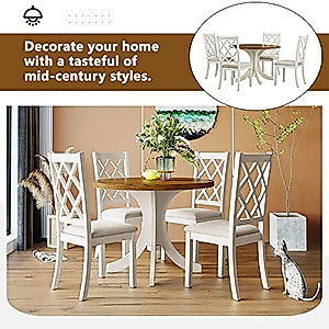 LIADTOP Modern, Mid-Century Solid Wood 5-Piece Set, 42'' Round Dining Table with 4 Upholstered Chairs for Small Places,Walnut+Beige