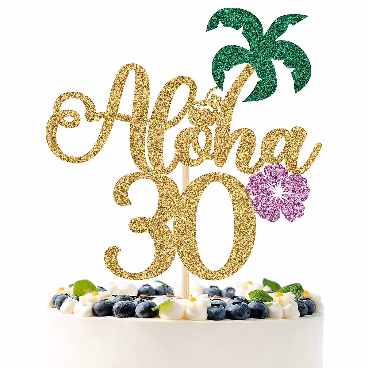 Gold Glitter Aloha 30 Cake Topper, Hello 30/Cheers to 30 Years/Happy 30th Birthday/Anniversay, Tropical Hawaiian Themed 30th Anniversary/Birthday Party Decorations