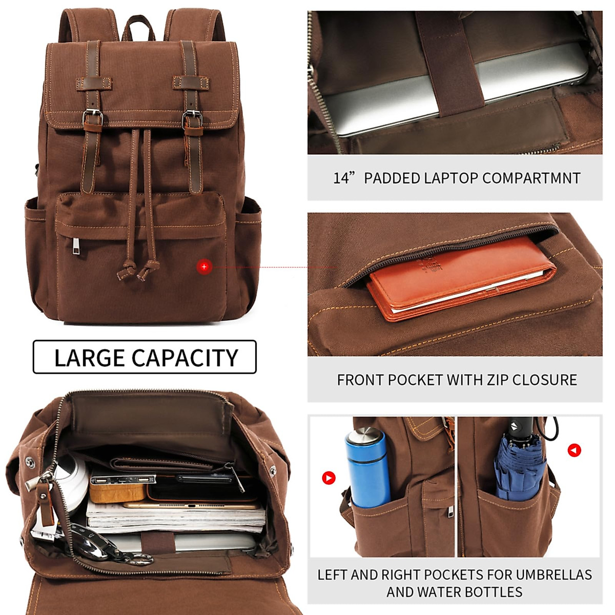 HuaChen Vintage Canvas Backpack, Mens Travel Rucksack for Laptop Hiking School Bookbag (M83_Coffee)