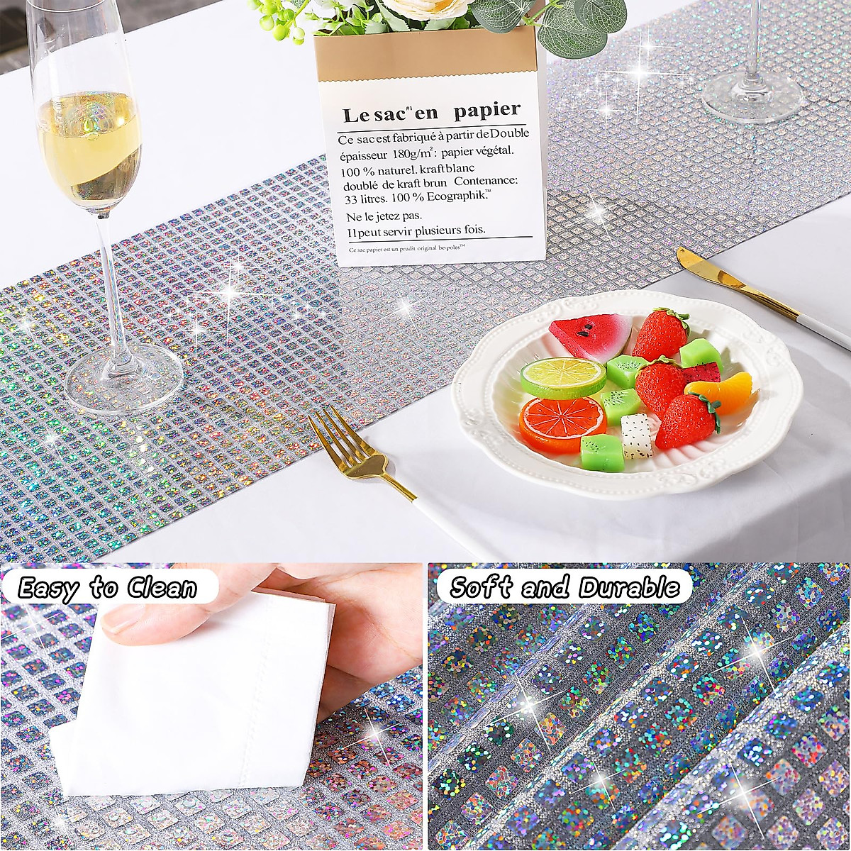 durony 2 Pack Disco Party Table Runner Mirror Silver Laser Glitter Foil Tablecloth with Sparkle Sequin Table Cover for Bachelorette Party 70s Party Disco Cowgirl Party Decorations