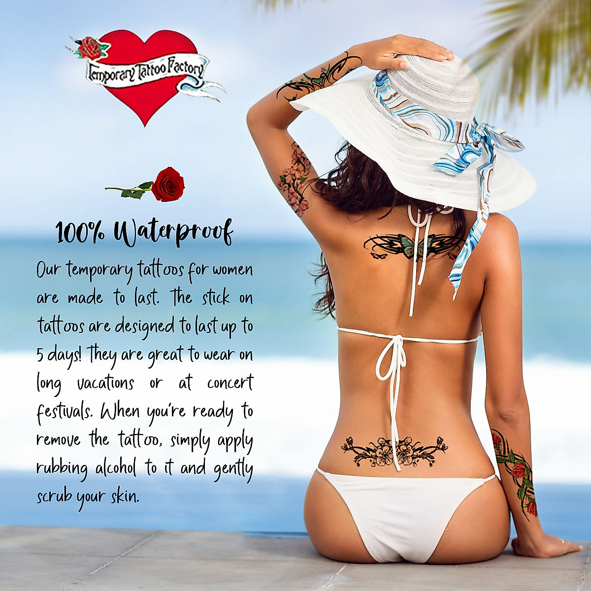 Temporary Tattoo Factory Tramp Stamp Tattoos, Long Lasting - Sexy, Realistic Fake Adult Temporary Tattoos for Women's Hip, Lower Back, Thigh, Arm Tramp Stamp - (16 Pack)