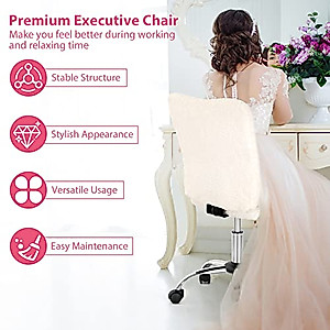 Giantex Faux Fur Office Chair, Armless Home Desk Chair, Height Adjustable Swivel Cute Chair, Middle Back Chair w/Chrome Base, Modern Fuzzy Vanity Chair, Rolling Task Chair for Study Bedroom (Ivory)