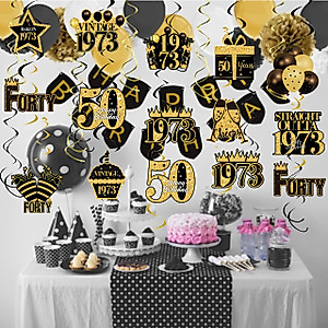 Beststar 25pcs 50th Birthday Decorations Black Gold Party Supplies Hanging Swirls for Men Women,1973 Party Decorations for Women, 50 Years Birthday Decorations for Men
