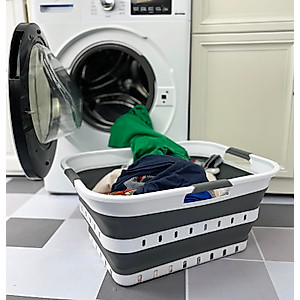 SAMMART Collapsible Plastic Rectangular Laundry Basket - Foldable Pop Up Storage Container/Organizer - Portable Laundry Hamper - Space Saving (White/Steel Grey, 42L)