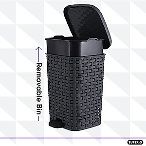 Superio Mini Trash Can with Foot Pedal Small Outdoor Garbage Can with Lid, 3 Gallon Plastic Waste Basket for Bathroom, Bedroom, Kitchen, Office, Patio (Wicker Grey 12 QT.)