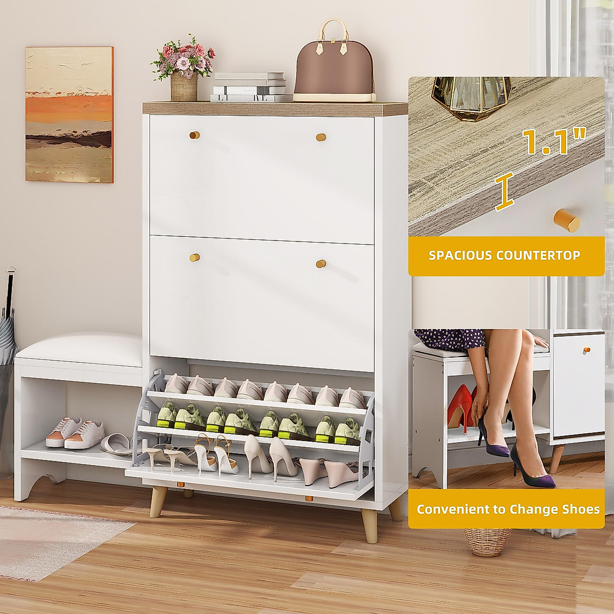 DWVO Shoe Cabinet with Bench for Entryway, Modern Shoe Storage Cabinet Shoe Bench, Narrow Hidden Shoe Organizer with 3 Flip Drawer, for Hallway, Closet, Living Room, White