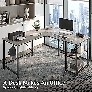 Klvied L Shaped Desk, Large Computer Desk, Office Desk with Storage Shelves, Corner Desks for Home Office, Reversible Writing Desk, Space-Saving Workstation Desk, Modern Simple Wooden Desk, Grey