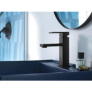 Moen Revyl Matte Black One-Handle Single Hole Modern Bathroom Sink Faucet with Optional Deckplate and Spring Loaded Drain Assembly, 84771BL