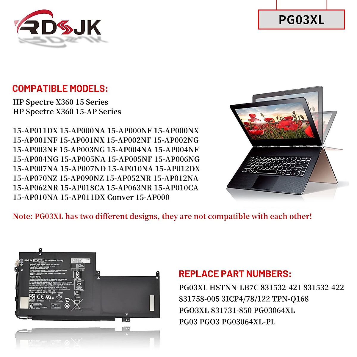 PG03XL 11.55V 65Wh Laptop Battery for HP Spectre X360 15-AP012DX 15-AP011DX 15-AP 15-AP000 AP000NA AP000NF AP000NX AP001NF AP002NG Series 831758-005 HSTNN-LB7C 831532-421 831532-422 TPN-Q168 PG03064XL
