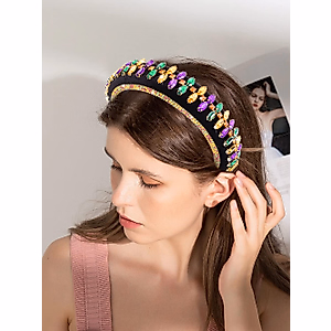 Crystal Mardi Gras Headband for Women Girls Sparkly Rhinestone Embellished Purple Green Yellow Hairbands Elastic Wide Carnival Hair Hoop Parade Headwear (Crystal)