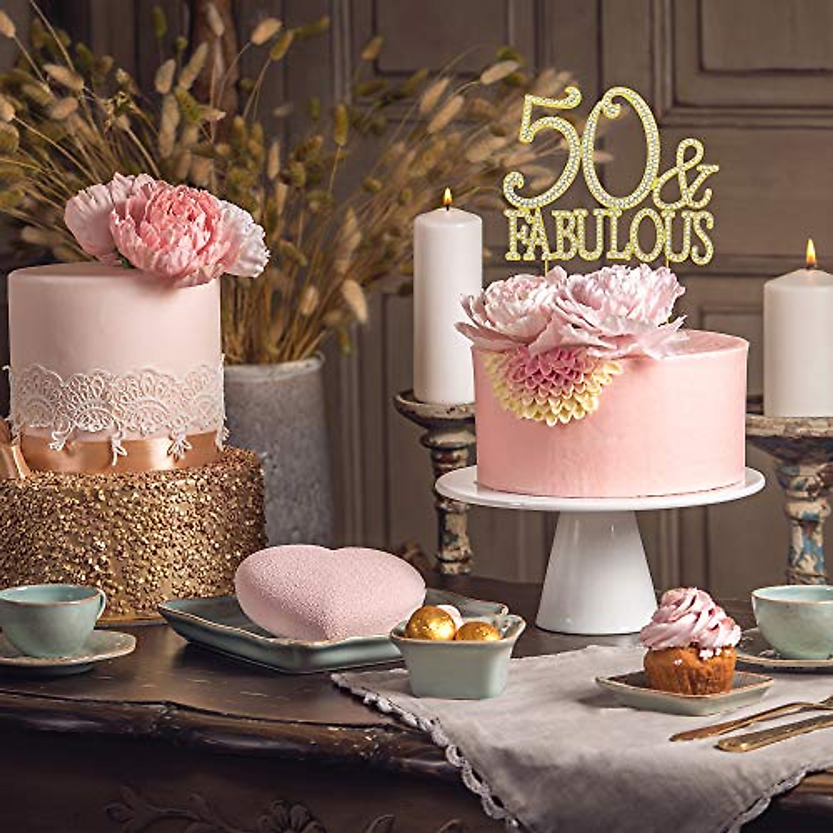50 Cake Topper - Premium Gold Metal - 50 and Fabulous - 50th Birthday Party Sparkly Rhinestone Decoration Makes a Great Centerpiece - Now Protected in a Box