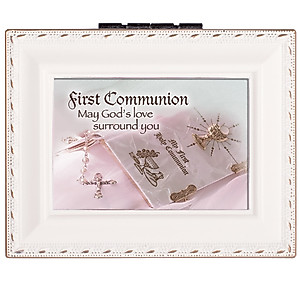 Cottage Garden First Communion Ivory Rope Trim 4.5 x 3.5 Tiny Square Jewelry Keepsake Box