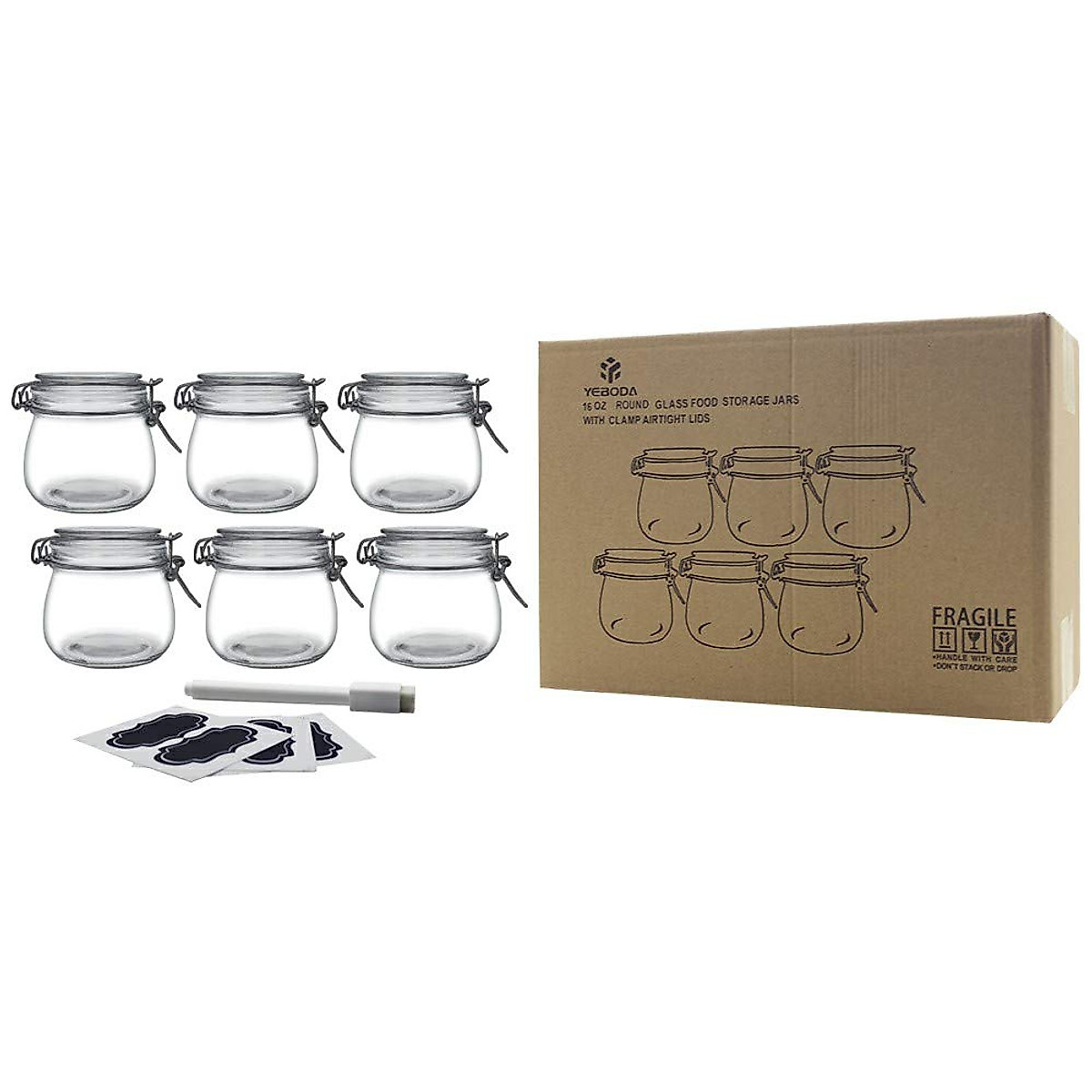 YEBODA 16oz Food Storage Canister Glass Jars with Clamp Airtight Lids and Silicone Gaskets for Multi-Purpose Kitchen Containers - Clear Round (6 Pack)