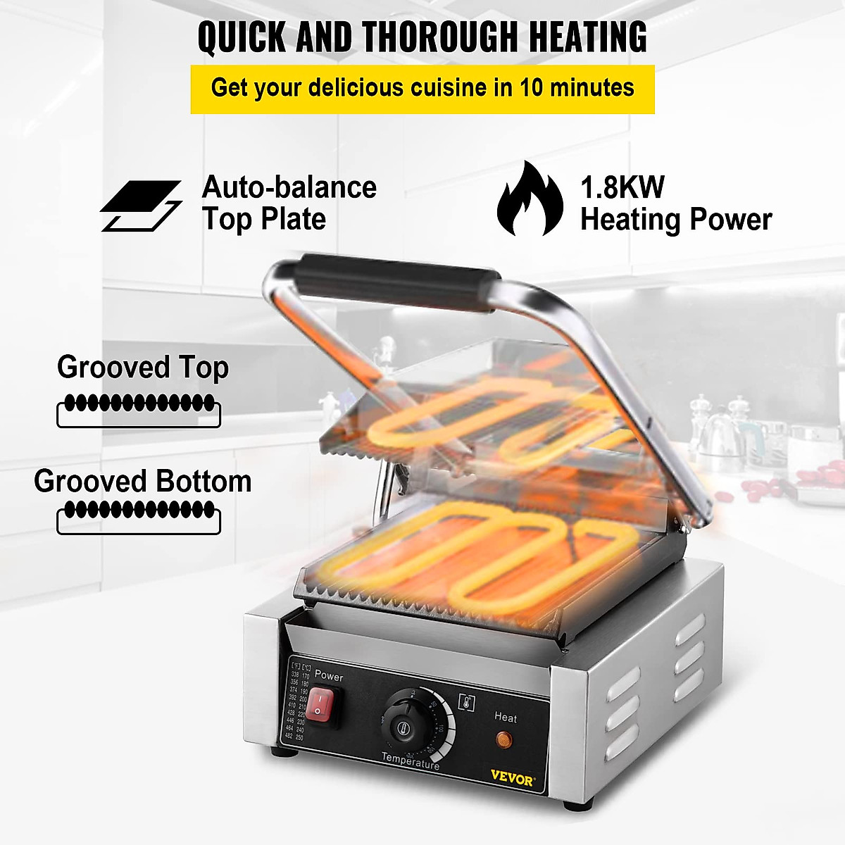 Happybuy Commercial Sandwich Panini Press Grill,1800W Single Flat Plates Electric Stainless Steel Sandwich Maker, Temperature Control 122°F-572°F for Hamburgers Steaks Bacons