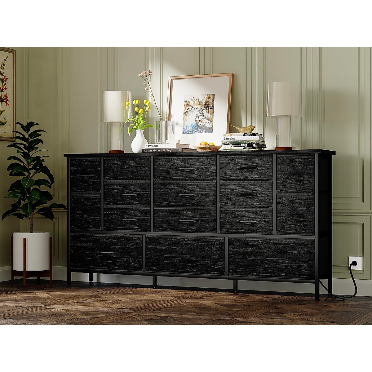 Fixwal 63.3 Inch Large Black Dresser for Bedroom, 16 Drawer Dresser, Long TV Stand for 55, 65, 70 Inch TV with Power Outlets, Fabric Chest of Drawers for Bedroom, Living Room, Entryway, Black