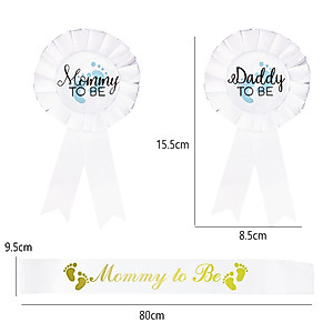 CoolerthingsDG, 3pcs, with gold Letters,Baby Shower Button New Dad Gifts Gender Reveals Party for Baby Boy White Rosette Button Baby Celebration ( Blue footprint)