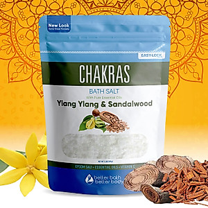 Chakras Bath Salt 32 Ounces Epsom Salt with Natural Ylang Ylang, Sandalwood, Eucalyptus, Frankincense, Chamomile and Cinnamon Essential Oils Plus Vitamin C in BPA Free Pouch with Easy Press-Lock Seal