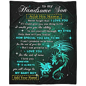 Personalized to My Son Dragon Blanket from Mom Dad 60x80 Inches Lightweight Flannel Throws Custom Name Gift for Boy Men Super Soft Comfy Blankets Birthday Christmas Decor Couch Sofa