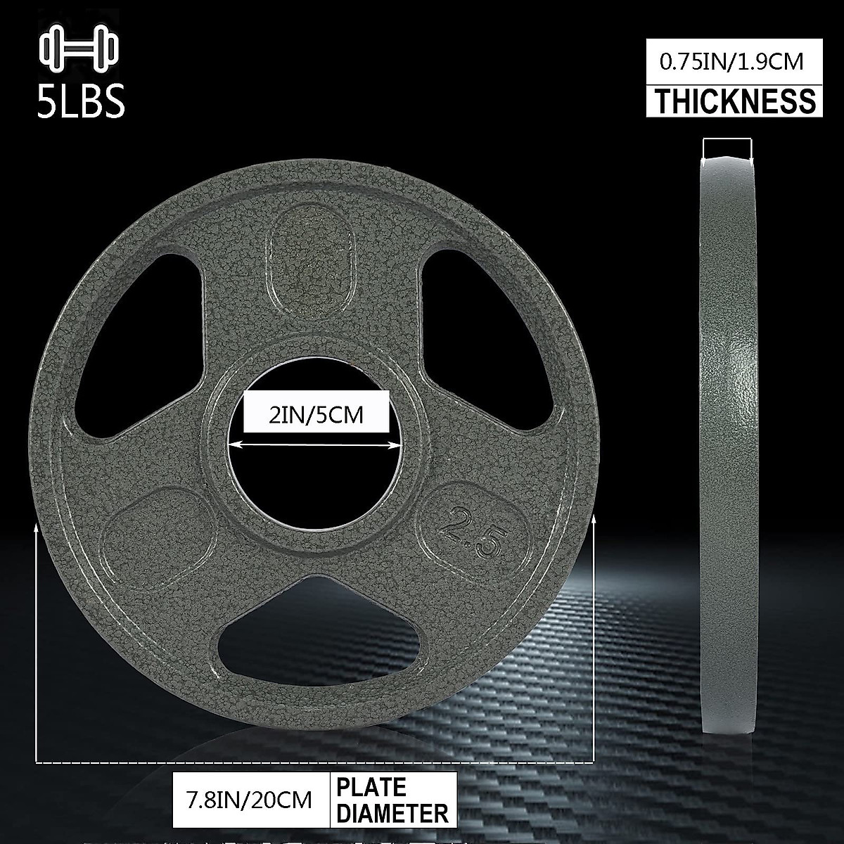 Three Grip Olympic Weight Plate Set, Standard Weight Plates Free Weights with 2-inch Hole for Strength Training Muscle Toning Weight Loss Multiple Choices Available (5LB Pair)