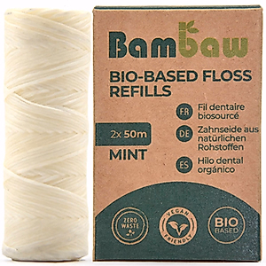 Vegan Refill Dental Floss | Refillable Tooth Floss | Candelilla Wax | Plastic Free Dental Tape | Zero Waste Floss | Eco Floss | Mint | 2 x 55 Yards | Bambaw