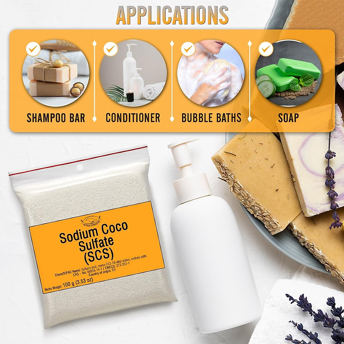 Artekas Innovation Sodium Coco SULFATE (SCS) - Fine Granules - Anionic, Foaming Surfactant - for Homemade Solid Shampoo Bars, Soap, Foamy, Bubbly Products, Hair, Body - 100 g | 3.53 Oz