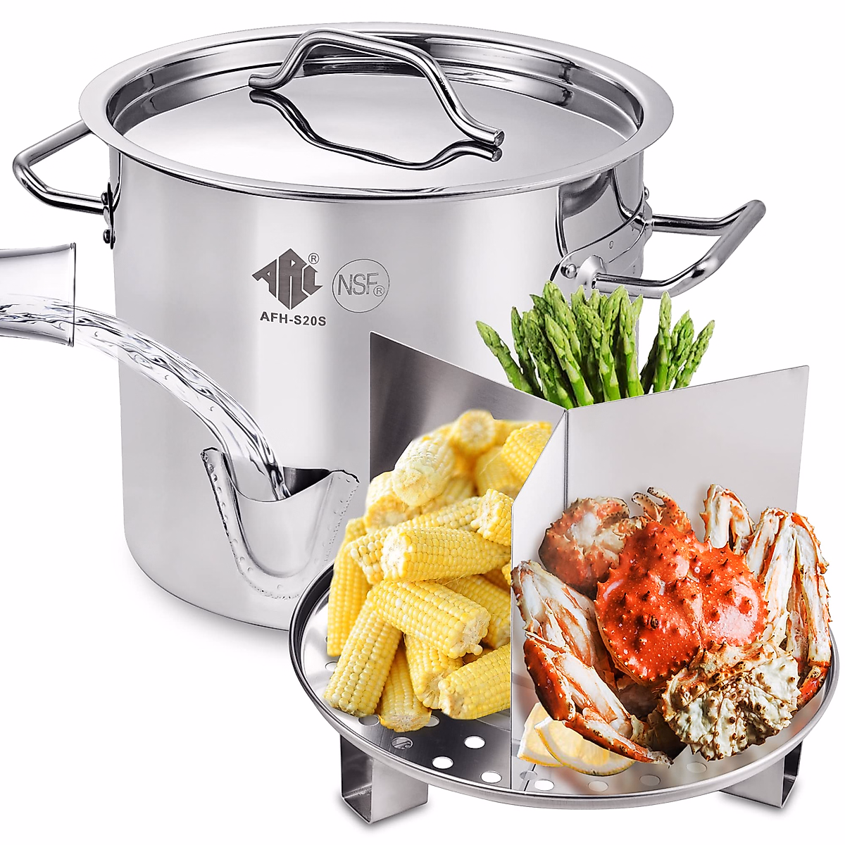 ARC 20QT Stainless Steel Tamale Steamer Pot w/Easy-fill Water Spout, Seafood Crab Steamer with Divider and Steamer Rack, 5 Gallon