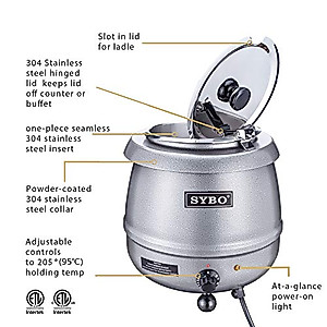 SYBO Stainless Steel Soup Kettle with Hinged Lid and Insert Pot, 10.5 Quarts, Commercial Grade, Silver