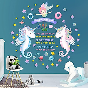 3 Sheets Unicorn Wall Decal Stickers Large Size Unicorn Mermaid Wall Decor for Girls Kids Bedroom Nursery Christmas Birthday Party Decoration Seahorse Unicorn Design