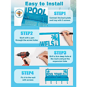 Pool Towel Rack - 2-in-1 Outdoor Poolside Beach Washcloth Drying Rack Holder, Wall Mounted Metal Hooks Decor for Bath Towel Storage, Robe Swimsuit, Coat, Bags, Phone, Keys - Blue