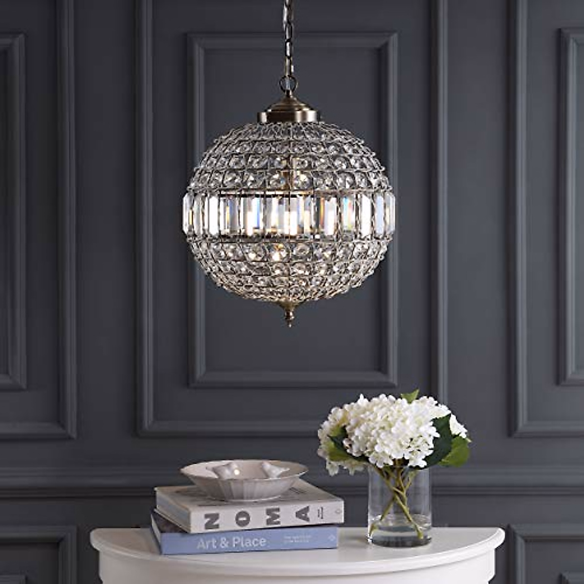 JONATHAN Y JYL6110B Georgina Crystal/Metal LED Chandelier Pendant Glam Contemporary Transitional Dimmable Dining Room Living Room Kitchen Foyer Bedroom Hallway, 16", Antique Brass/Clear