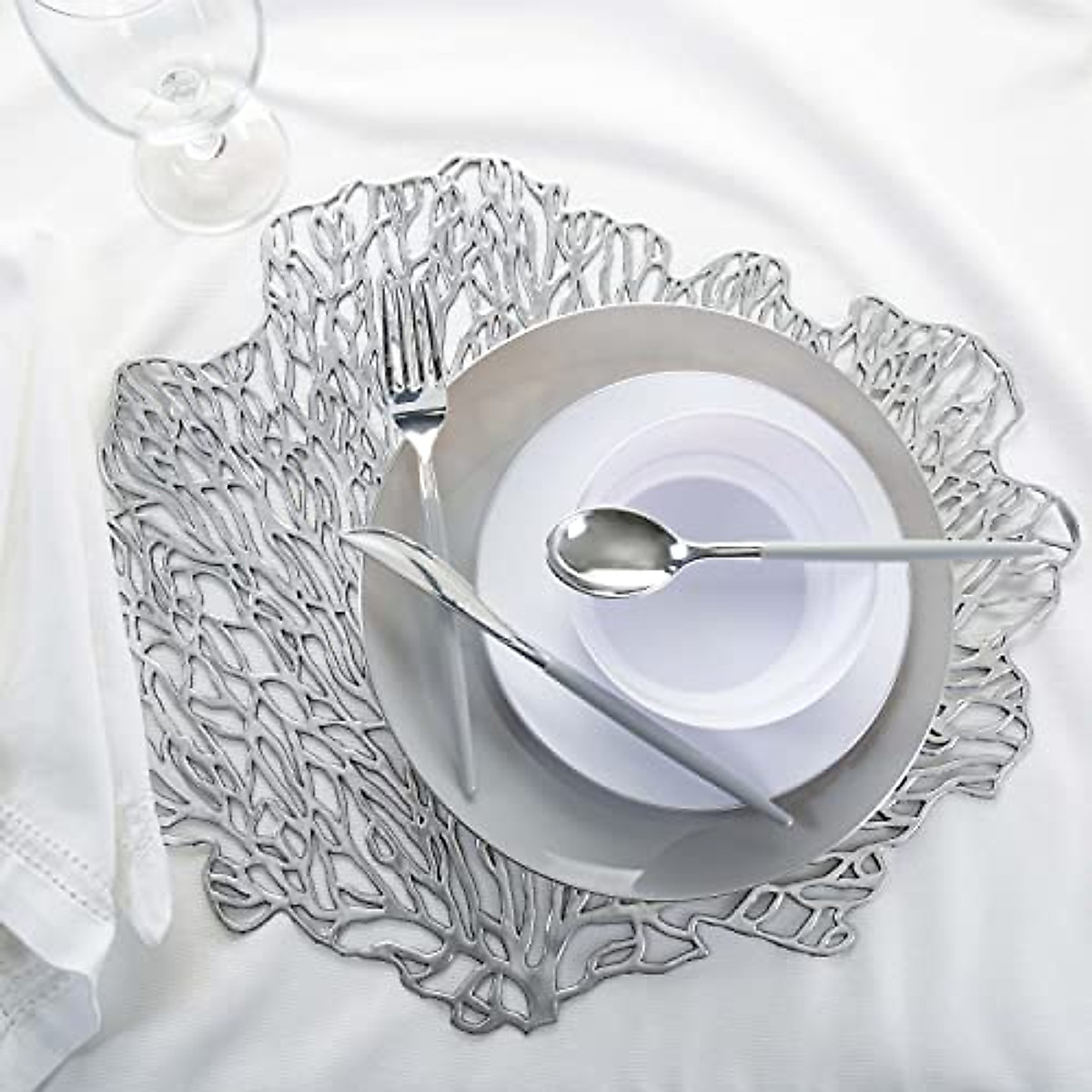 Home Details 4 Pack Coral Metallic Placemats | Detail Décor | Perfect Tablescape | Great for Dining Room | Kitchen Table | Island Counter | Coffee Table | Coral Design | Sliver