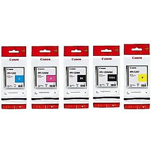 PFI120 Canon Genuine Pfi-120 5 Pack Set of 5 Colors Ink Tanks 1 of Each Pfi120MBK, Pfi120BK , Pfi120C , Pfi120Y , Pfi120M by Canon + InkSAVER™ Microfiber LCD Screen Cleaning Cloth