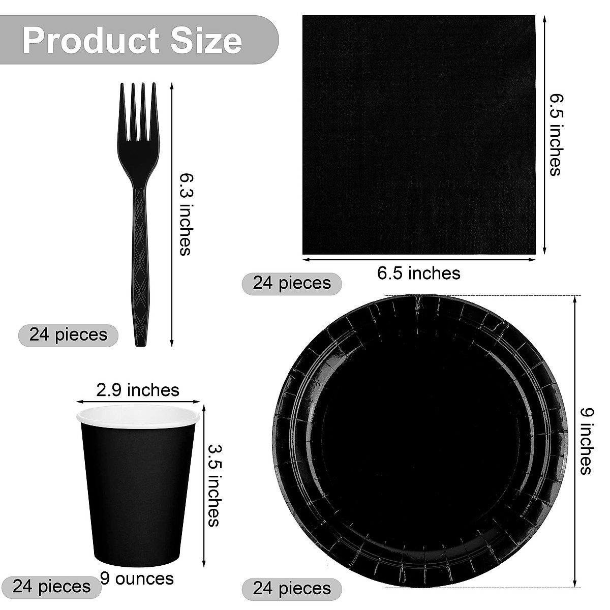 ADXCO Black Party Supplies Disposable Black Party Decorations 9 Inch Black Paper Plates Paper Cups Napkins Folks Serves 24 for Birthday Wedding Holiday Decorations