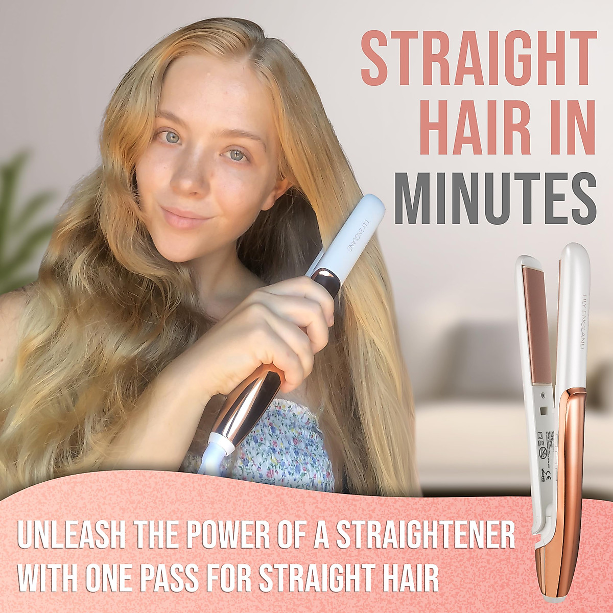 Lily England Hair Straightener and Curler, Adjustable Temperature, Dual Voltage 1 Inch Ceramic Rose Gold Flat Iron, Hair Straightener Curling Iron in One