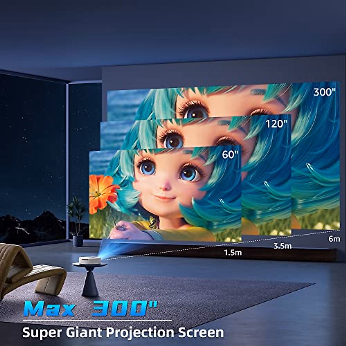 Outdoor Projector, Native 1080P Projector with WiFi and Bluetooth, 500ANSI Mini Projector 4K Support for Outdoor Movies, Max 500” Display, Compatible with Smartphone, Laptop, TV Stick, PS5, HDMI, USB