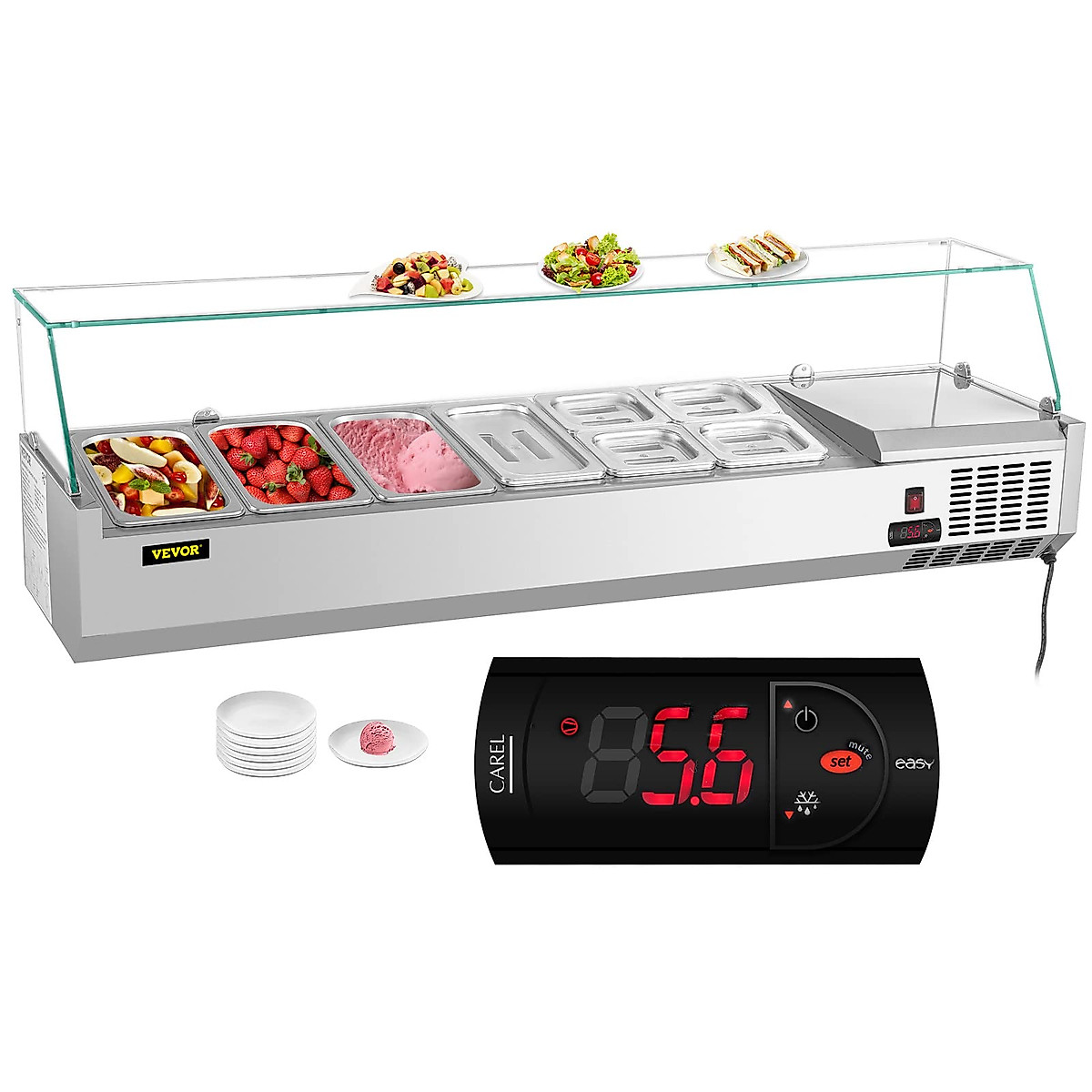 VEVOR Refrigerated Condiment Prep Station, 60-Inch, 16.8Qt Sandwich Prep Table with 4 1/3 Pans & 4 1/6 Pans, 146W Salad Bar with 304 Stainless Body Tempered Glass Shield Digital Temp Display Auto Defr