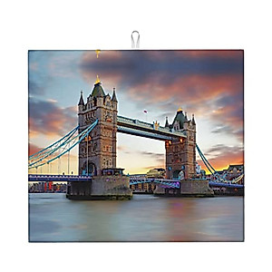 Historic Old Tower Bridge London Printed Drying Mat For Kitchen Ultra Absorbent Microfiber Dishes Drainer Mats Non-Slip Silicone Quick Dry Pad - 18 X 16inch