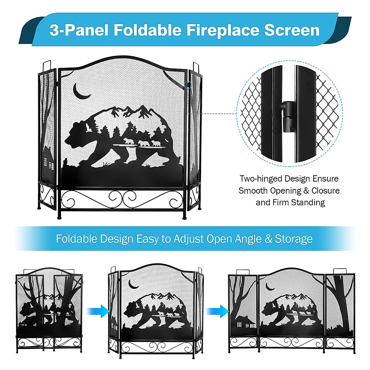 IRONWALLS 3-Panel Folding Fireplace Screens Decorative, 47.6” x 31.4” Metal Bear Fireplace Screens Fire Screen Gate Fence Spark Guard Kid Proof, Heavy Duty Fireplace Screen Black for Home Farmhouse