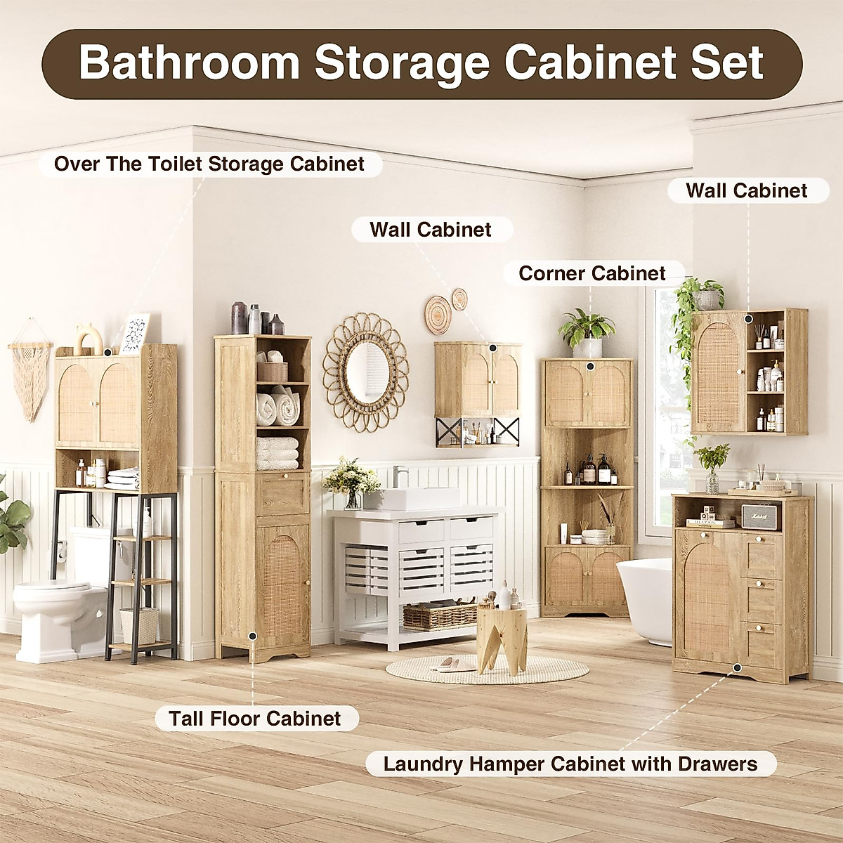 FiveWillowise 67''H Tall Corner Cabinet with Handmade Rattan Door, Rattan Storage Cabinet with Adjustable Shelves, Corner Bookshelf Space Saver for Barthroom, Kitchen, Natural