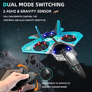 TIKHOSEN Rc Plane for Kids Drones for Age 8-12 Remote Control Foam Airplane for Kids Ages 8-12 Fighter Jet Toy Airplane with Function Gravity Sensing Stunt Roll Cool Light Styrofoam Plane (B)