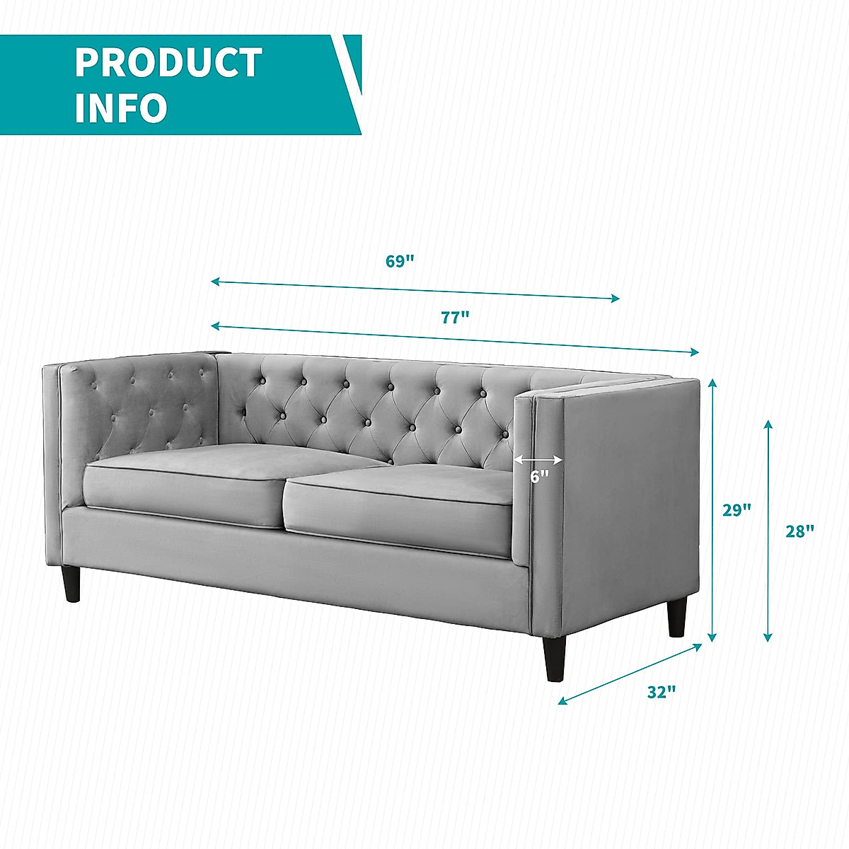 BALUS Button Tufted Upholstered Sofa, Modern Velvet Couch with Solid Wood Construction, Classic Chesterfield, 2 Seater Sofa Couch, Couches for Living Room/Apartment/Office/Bedroom Furniture,Dark Grey