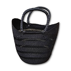 Ghana Handwoven Bolga Market Basket-African Beach Bag-Farmers Choice Market Bag-Plant Basket, Picnic Basket, Easter Basket, Straw Bag-Large Woven Basket, Toy Basket Handmade in Ghana (Black Leather)