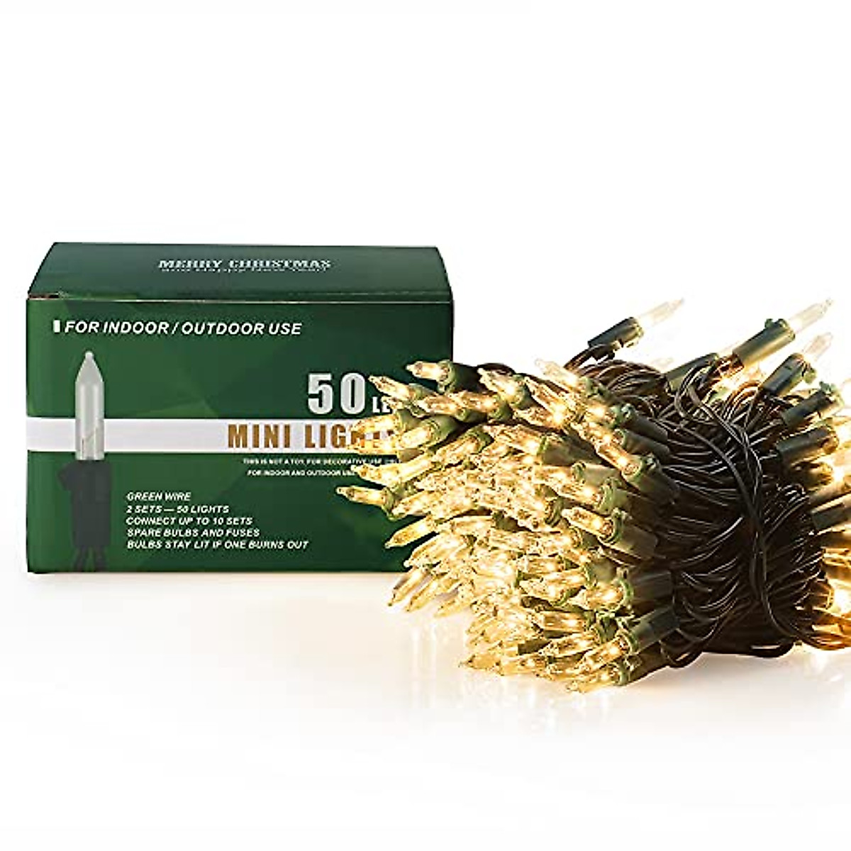 Hopolon 2 PACK 13ft 50-Count Clear Green Wire Christmas Light Set,Incandescent Mini Christmas Lights, Connectable 120V UL Certified Clear Tree Lights for Wedding, Bedroom, Porch Decor(2pcs Warm White)