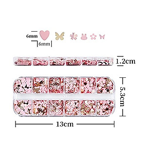 12 Grids Nail Sequins Butterfly Heart Flower Sequins Mixed Pink Nail Glitter Flakes DIY Design Manicure Decorations Sets Glitter Sequin Nail Decoration Nail Accessories for Nail Art